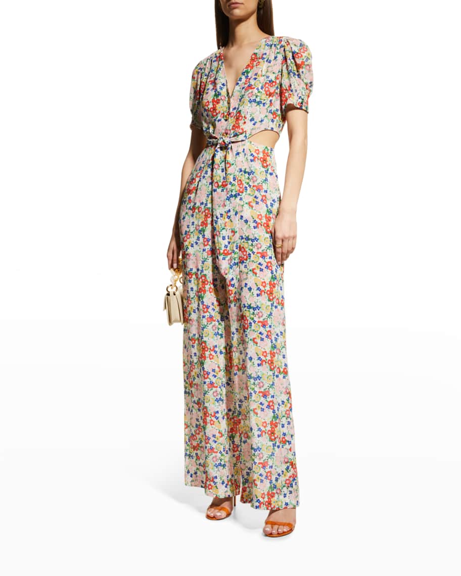 Saloni Lea Floral Fron-Twist Cut-Out Jumpsuit | Neiman Marcus