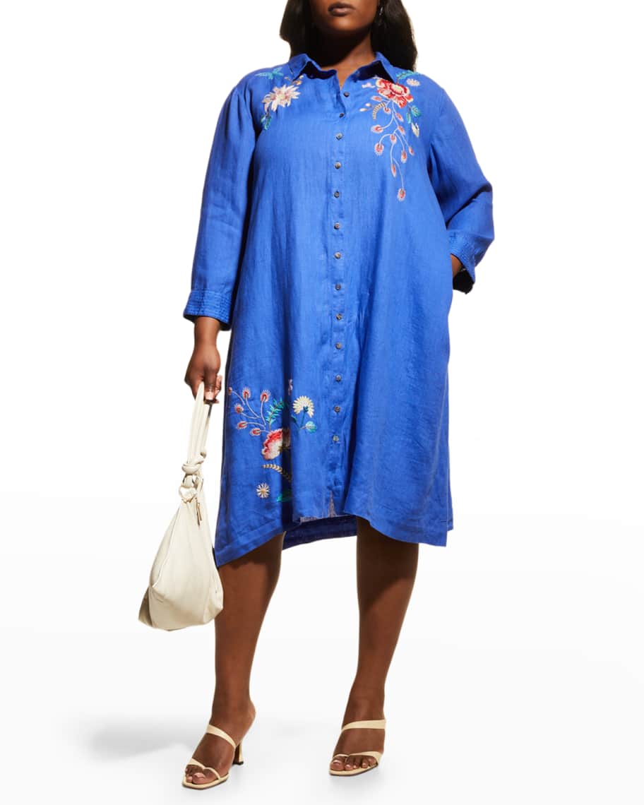 Johnny Was Plus Size Grace Embroidered Button-Down Dress | Neiman Marcus