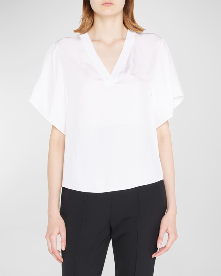 Vince Rib-Trim Double-V Neck Short-Sleeve Popover Blouse | Neiman Marcus