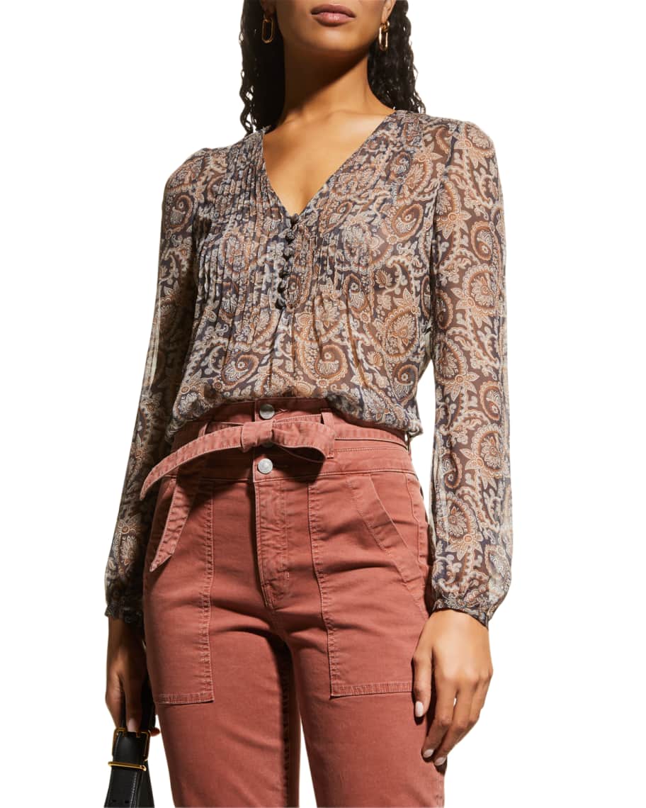 Veronica Beard Lowell Paisley Half Button-Front Long Sleeve Blouse ...