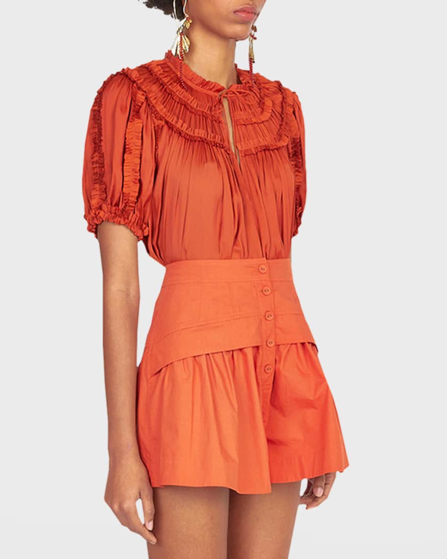 Ulla Johnson Aimee Satin Ruffle-Trim Top | Neiman Marcus