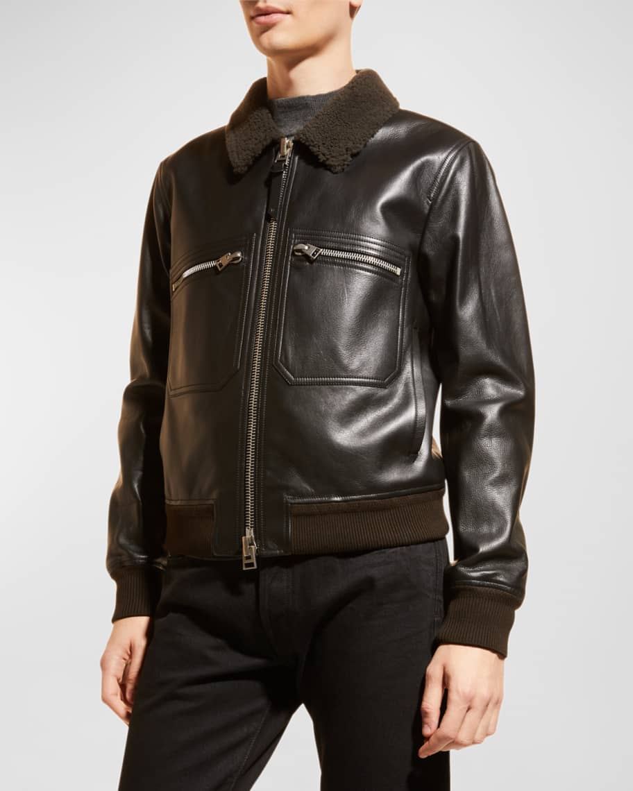 TOM FORD Men's Shearling Collar Leather Bomber Jacket | Neiman Marcus