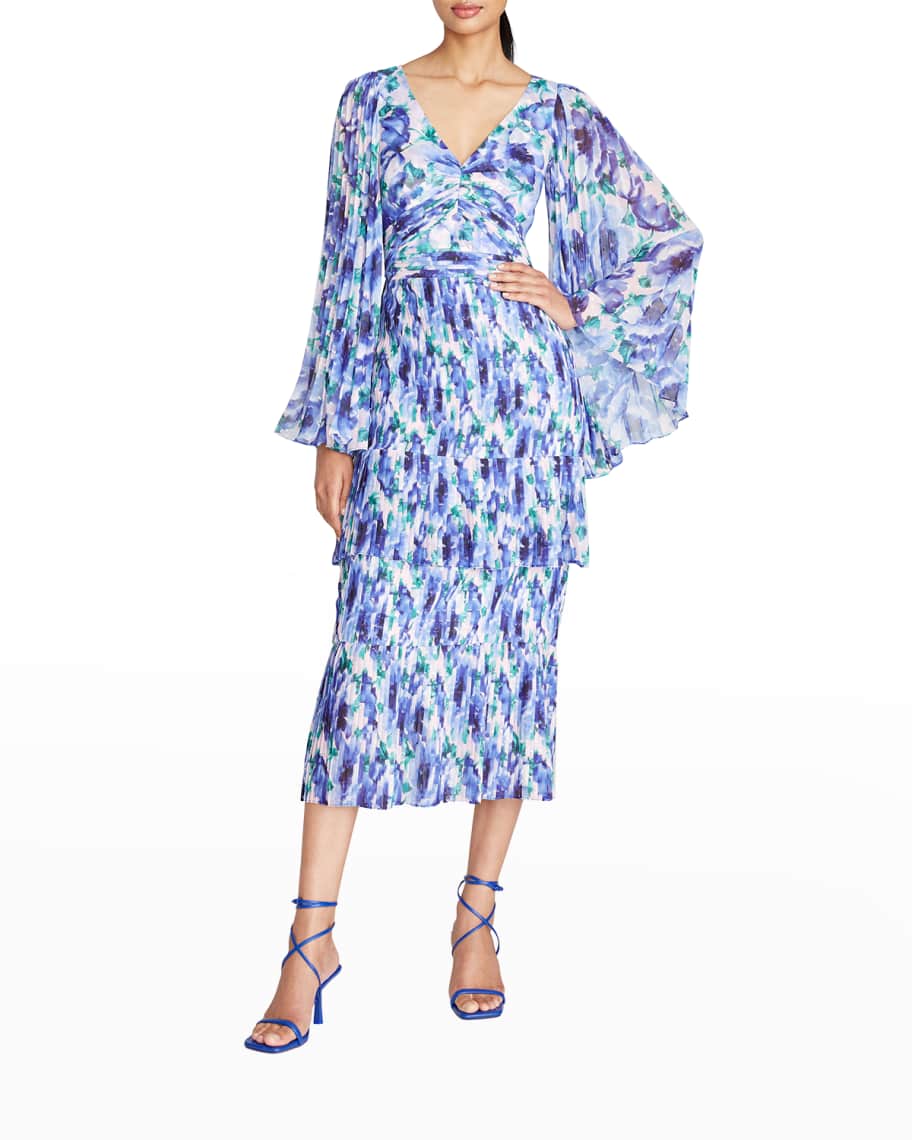Theia Gemma Pleated Floral-Print Midi Dress | Neiman Marcus