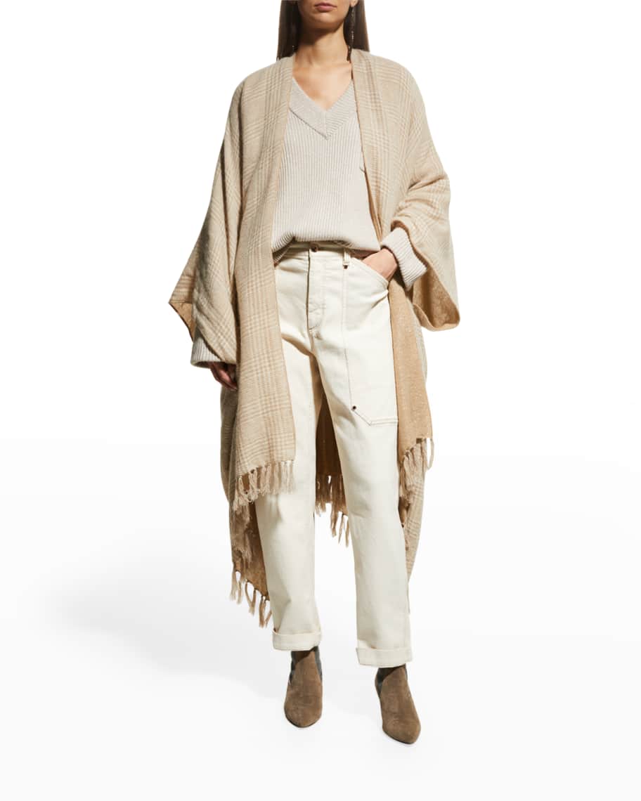 Brunello Cucinelli Reversible Cashmere Metallic Fringe-Trim Poncho ...