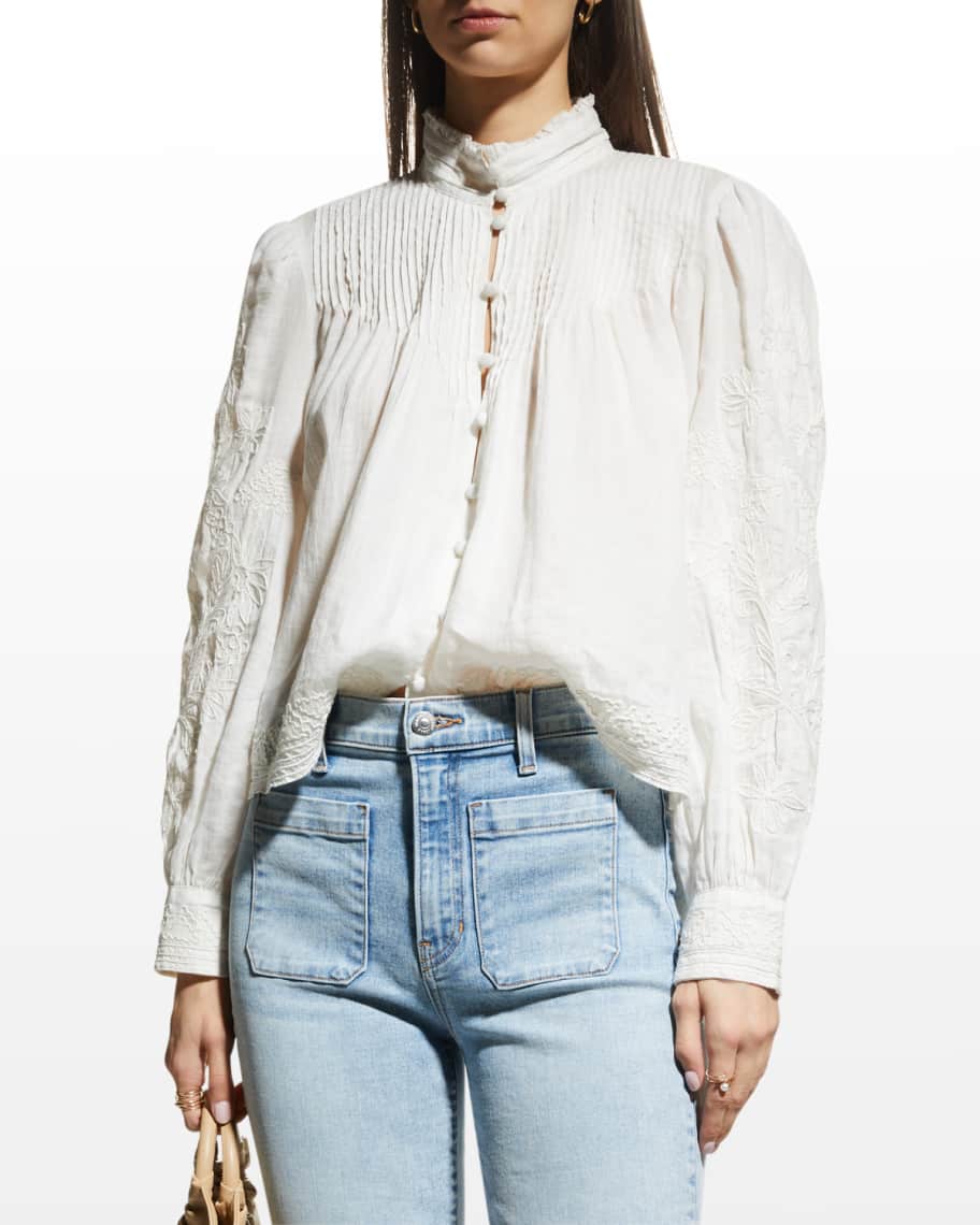 Veronica Beard Amadine High-Neck Pleated Embroidered Top | Neiman Marcus