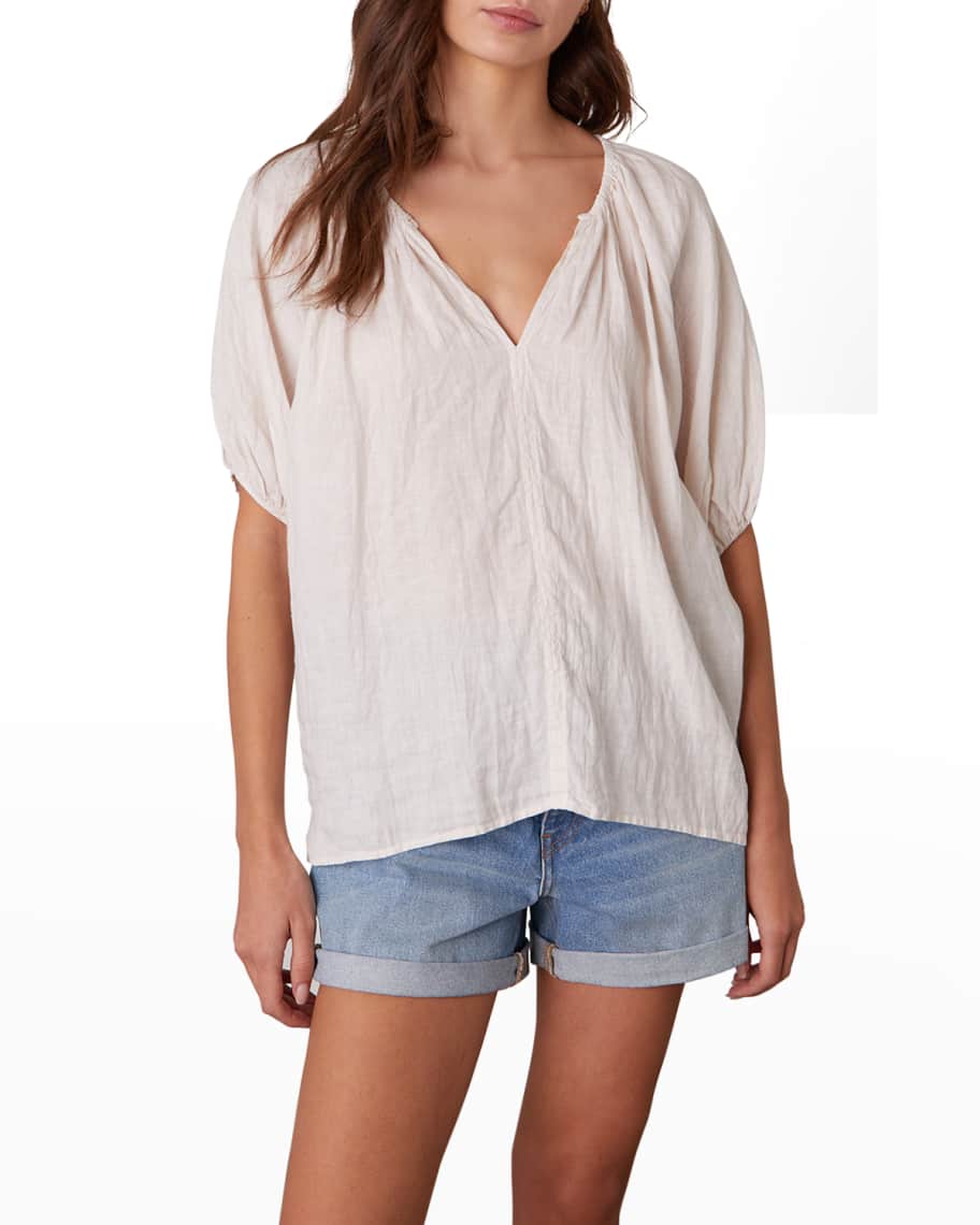 Velvet Janine V-Neck Puff-Sleeve Linen Top | Neiman Marcus