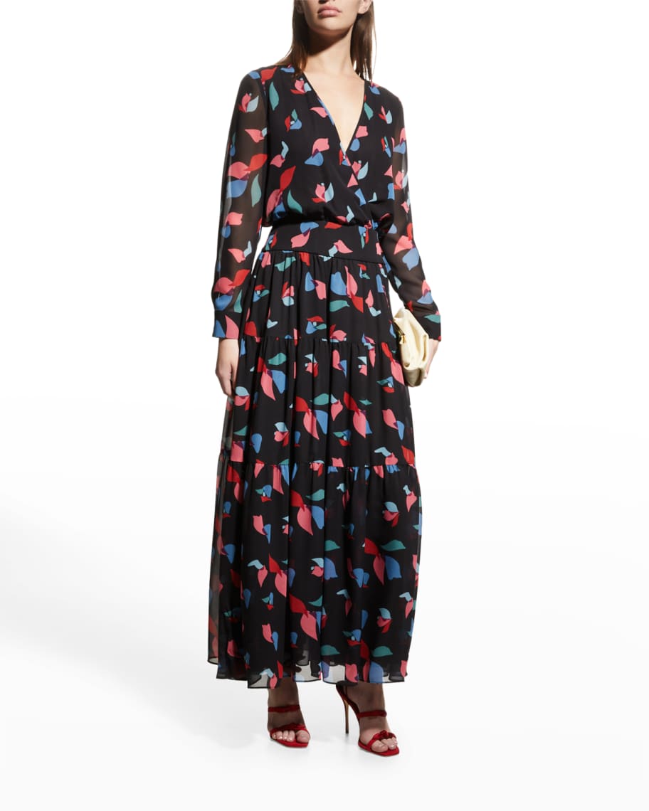 Emporio Armani Tiered Abstract-Print Chiffon Maxi Dress | Neiman Marcus