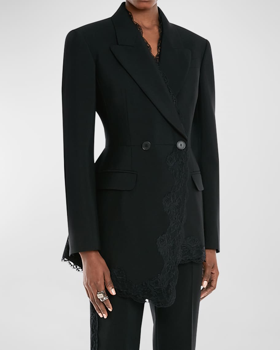 McQueen Asymmetric-Front Lace Trim Jacket | Neiman Marcus