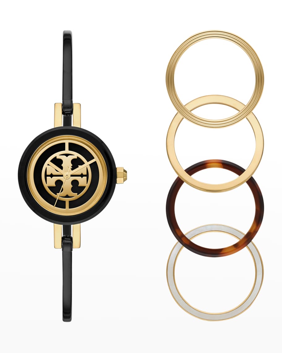 Tory Burch Reva Bangle Watch Gift Set with Top Rings, Black Stainless ...