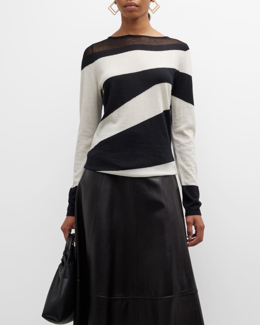 Neiman Marcus Cashmere Collection Colorblock Gauze Inset Cashmere