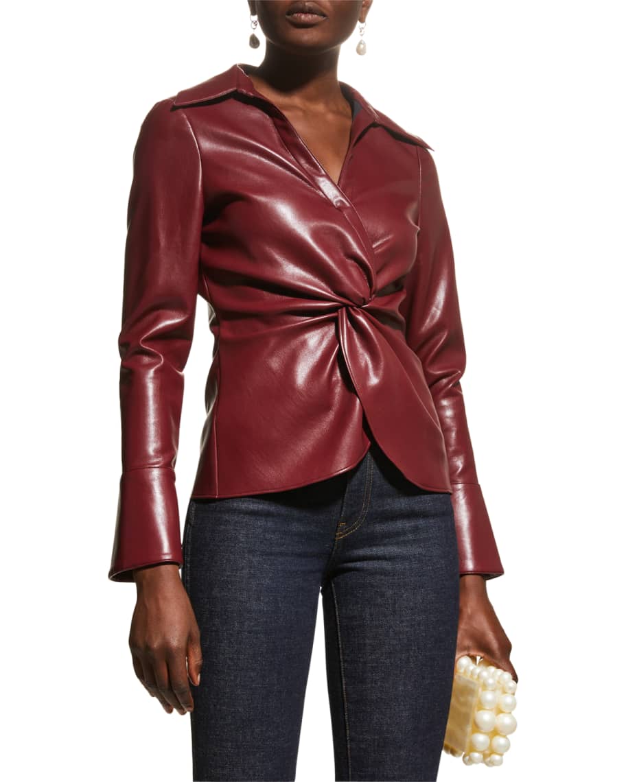 Cinq a Sept McKenna Twisted Faux-Leather Long-Sleeve Top | Neiman Marcus