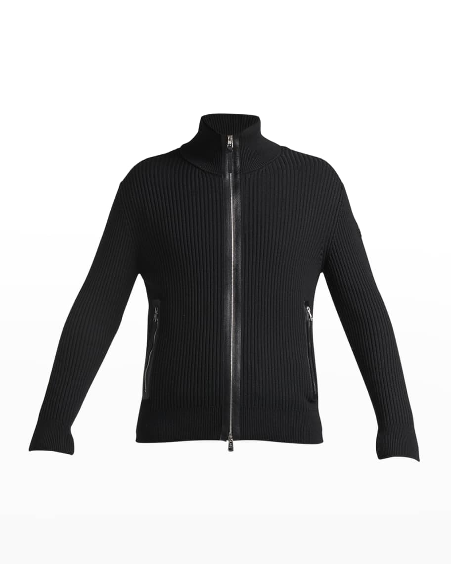 Moncler Men's Ribbed Leather-Trim Cardigan Sweater | Neiman Marcus