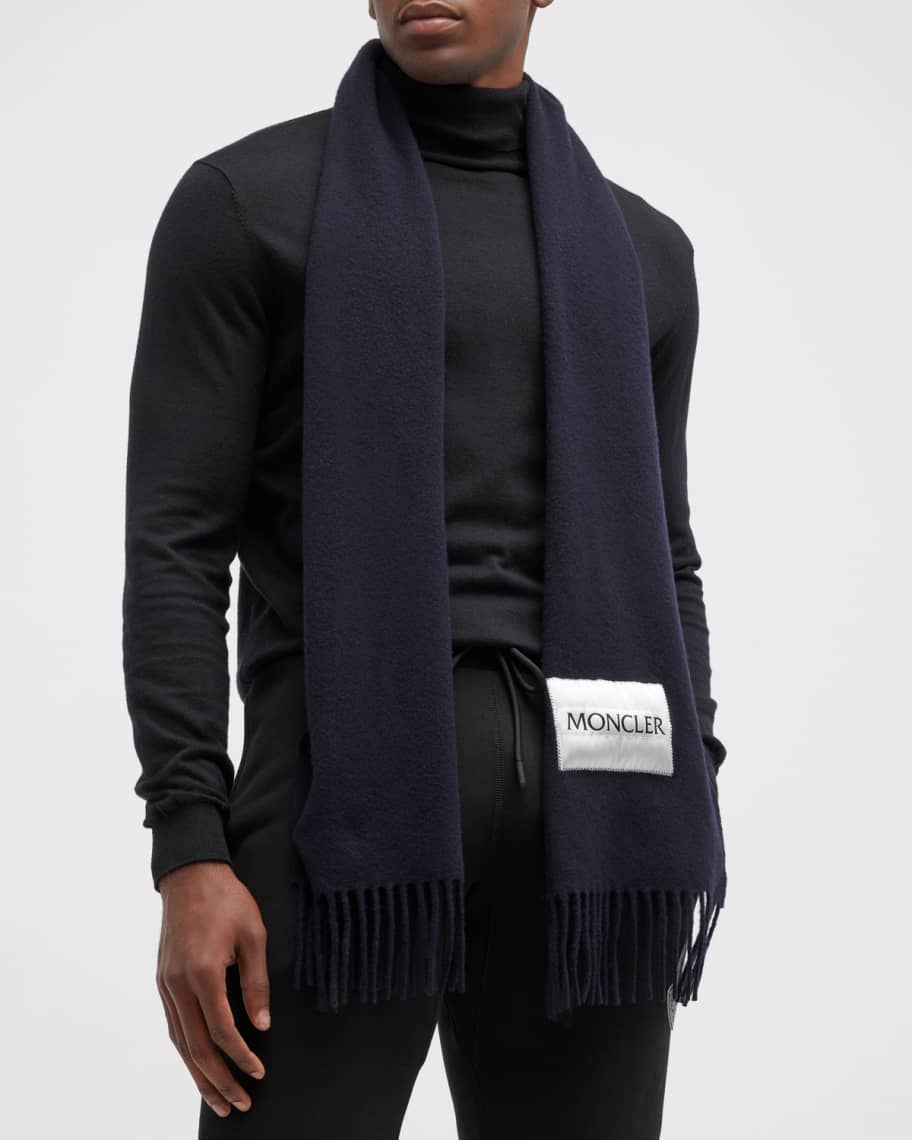 Moncler Men's Wool Scarf with Logo Patch | Neiman Marcus