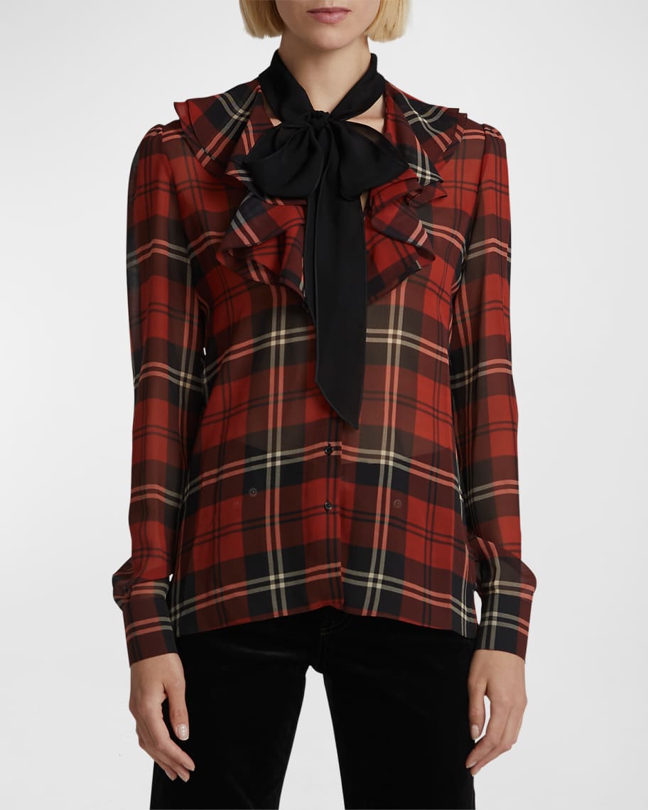 Ralph Lauren Collection Zandra Plaid-Print Ruffle Neck-Tie Blouse ...