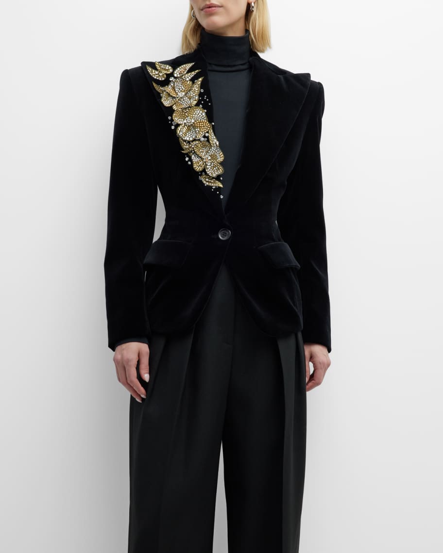 Alexandre Vauthier Strass Floral Single-Breasted Velvet Blazer Jacket ...