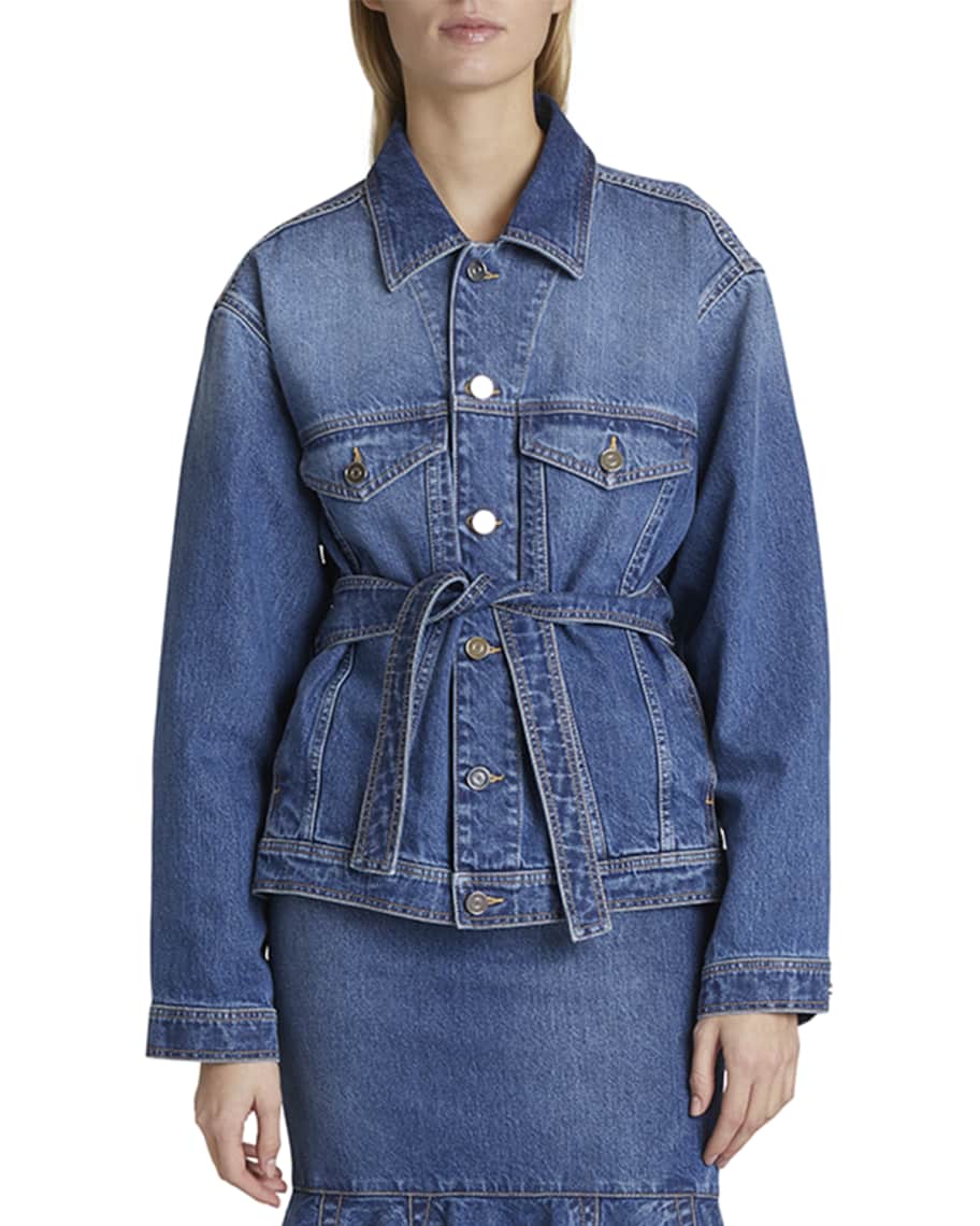 ALAIA Denim Belted Wrap Jacket | Neiman Marcus