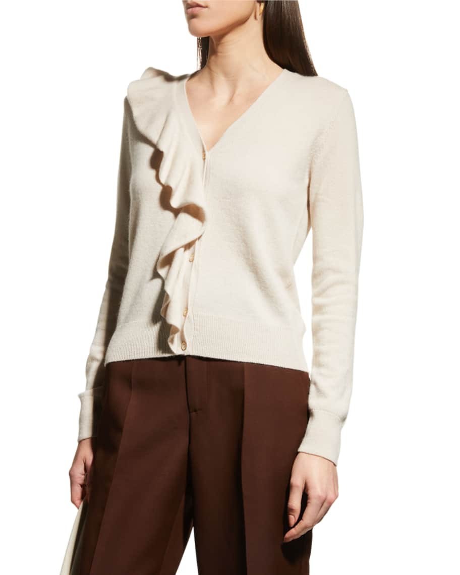 Neiman Marcus Cashmere Collection Ruffle Button-Down Cashmere Cardigan ...