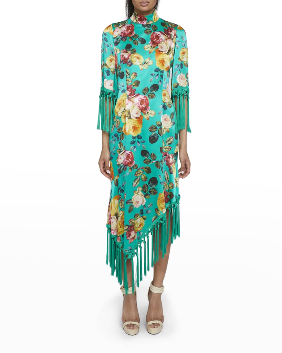 Andrew Gn Floral Print Fringe Trim Asymmetric Midi Dress Neiman Marcus