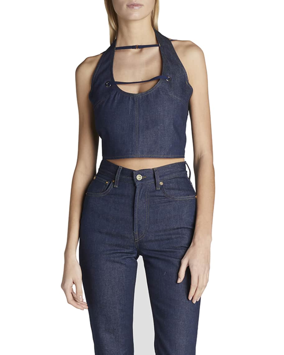 Jacquemus Haut Papier Strappy Denim Halter Crop Top | Neiman Marcus
