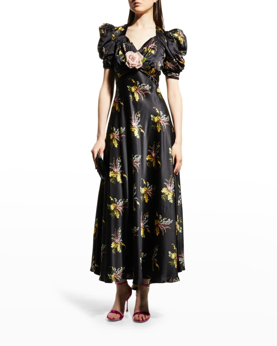 Rodarte Floral-Print Puff-Sleeve Silk Midi Dress | Neiman Marcus