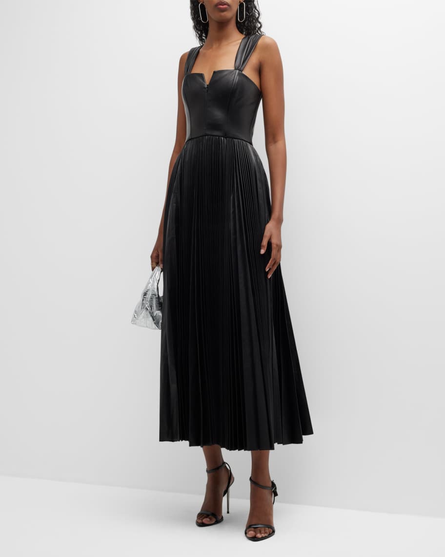 Brandon Maxwell Pleated Leather Tea-Length Corset Dress | Neiman Marcus