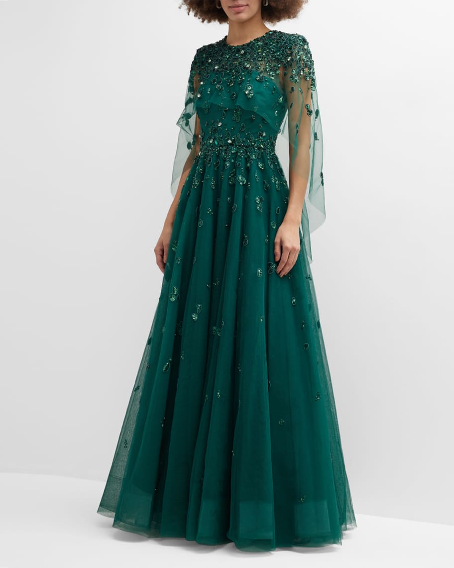 Jenny Packham Charming Embellished Gown w/ Cape Detail | Neiman Marcus