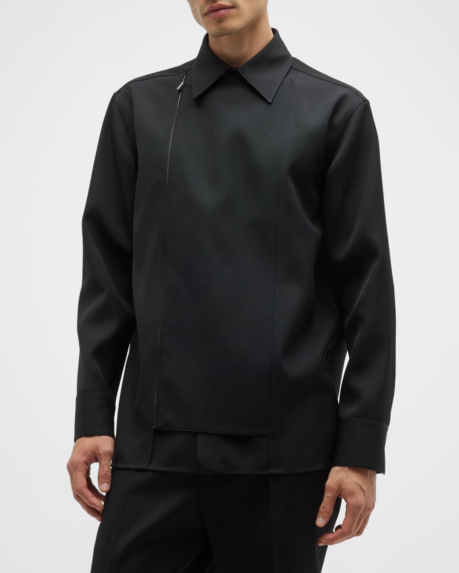 Jil Sander Men's Wool Gabardine Shirt w/ Zip Overlay | Neiman Marcus