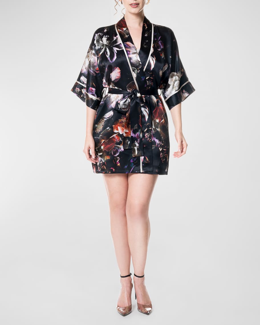 Christine Lingerie Moonlight Floral-Print Silk Robe | Neiman Marcus