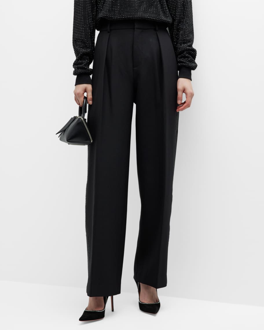 AREA Crystal Side-Stripe Wide-Leg Pleated Trousers | Neiman Marcus