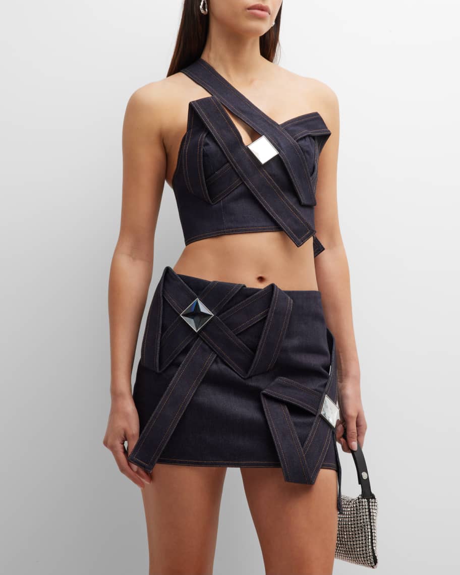 AREA Crystal Pyramid Strappy One-Shoulder Crop Top | Neiman Marcus