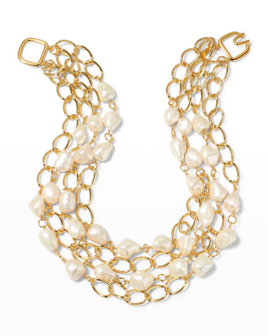 Kenneth Jay Lane 4-Row Nugget Pearly Stations Gold Link Chain Necklace ...
