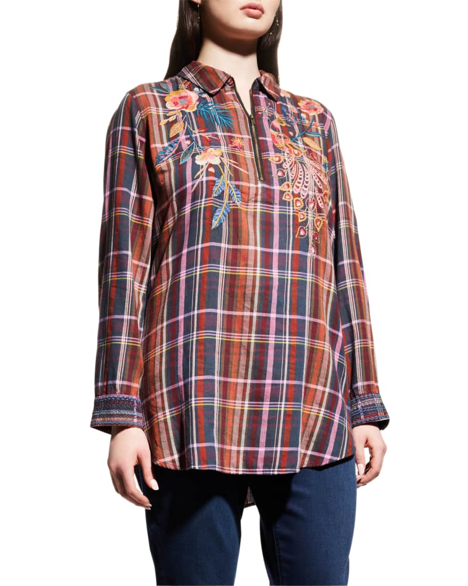 Johnny Was Plus Size Shuri Embroidered Plaid Tunic | Neiman Marcus