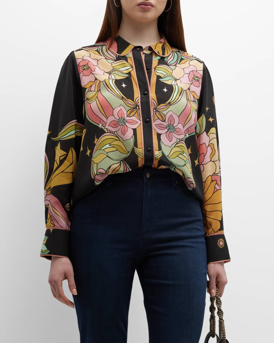 Johnny Was Plus Size Luz Floral-Print Silk Blouse | Neiman Marcus