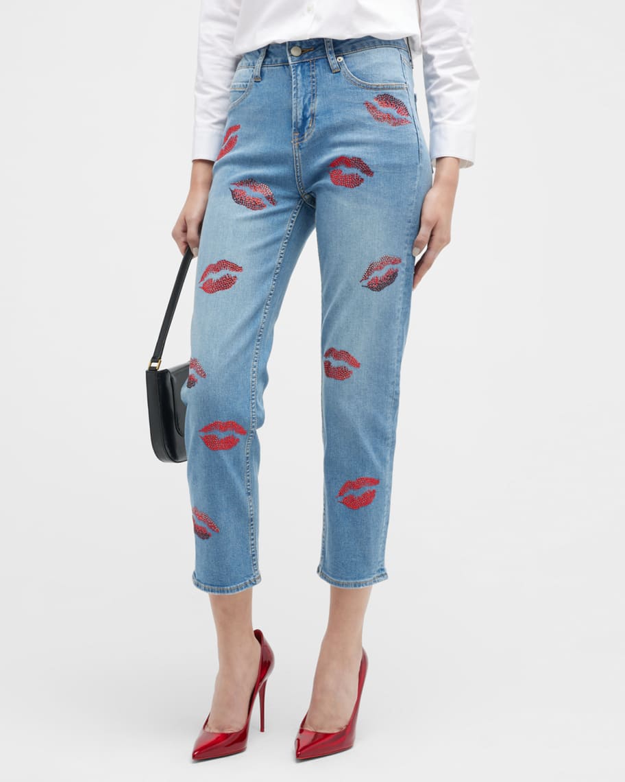 Libertine Bisou Lip Strass Straight-Leg Ankle Boyfriend Jeans | Neiman ...