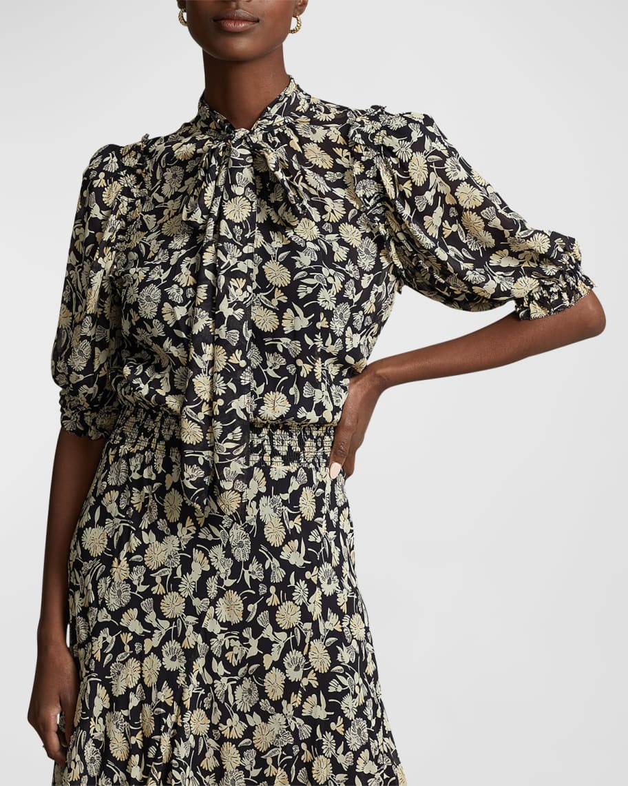 Polo Ralph Lauren Georgette Floral Tie Neck Maxi Dress Neiman Marcus