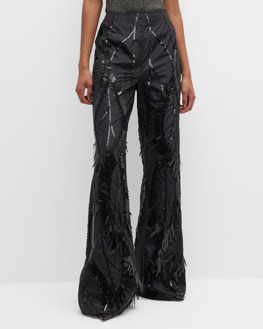 Alberta Ferretti Sequin Embroidered Flare Taffeta Pants | Neiman Marcus