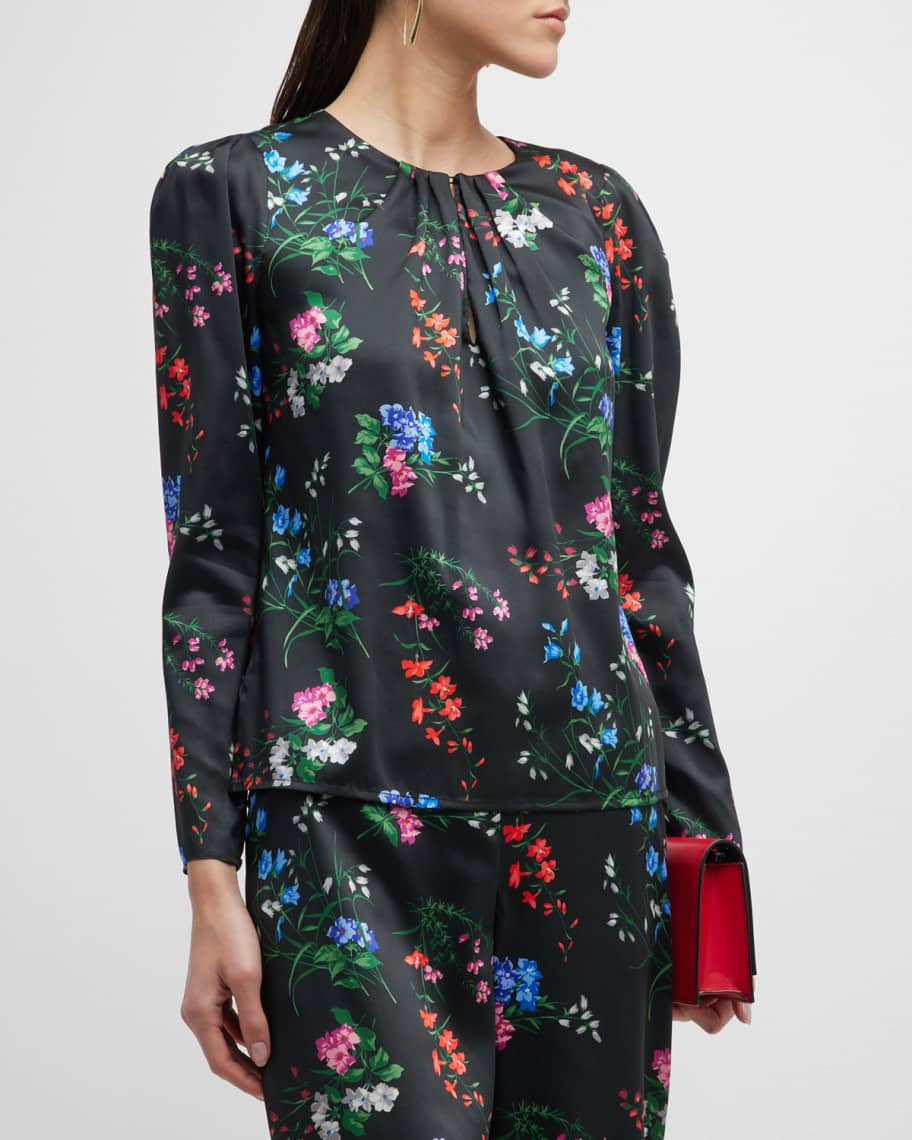 Carolina Herrera Gathered Keyhole Floral-Printed Blouse | Neiman Marcus