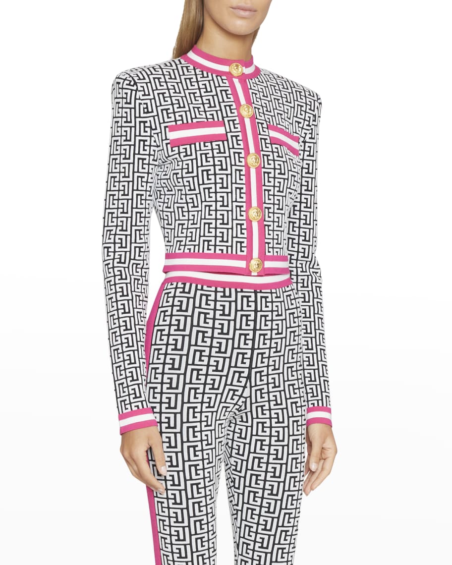 Balmain Monogram Knit Strong-Shoulder Crop Cardigan | Neiman Marcus