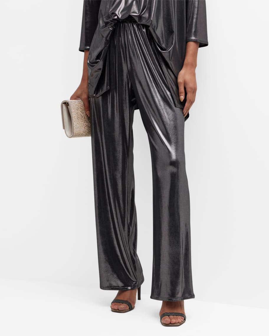 Caroline Rose Liquid Silver Straight-Leg Shimmer Pants | Neiman Marcus