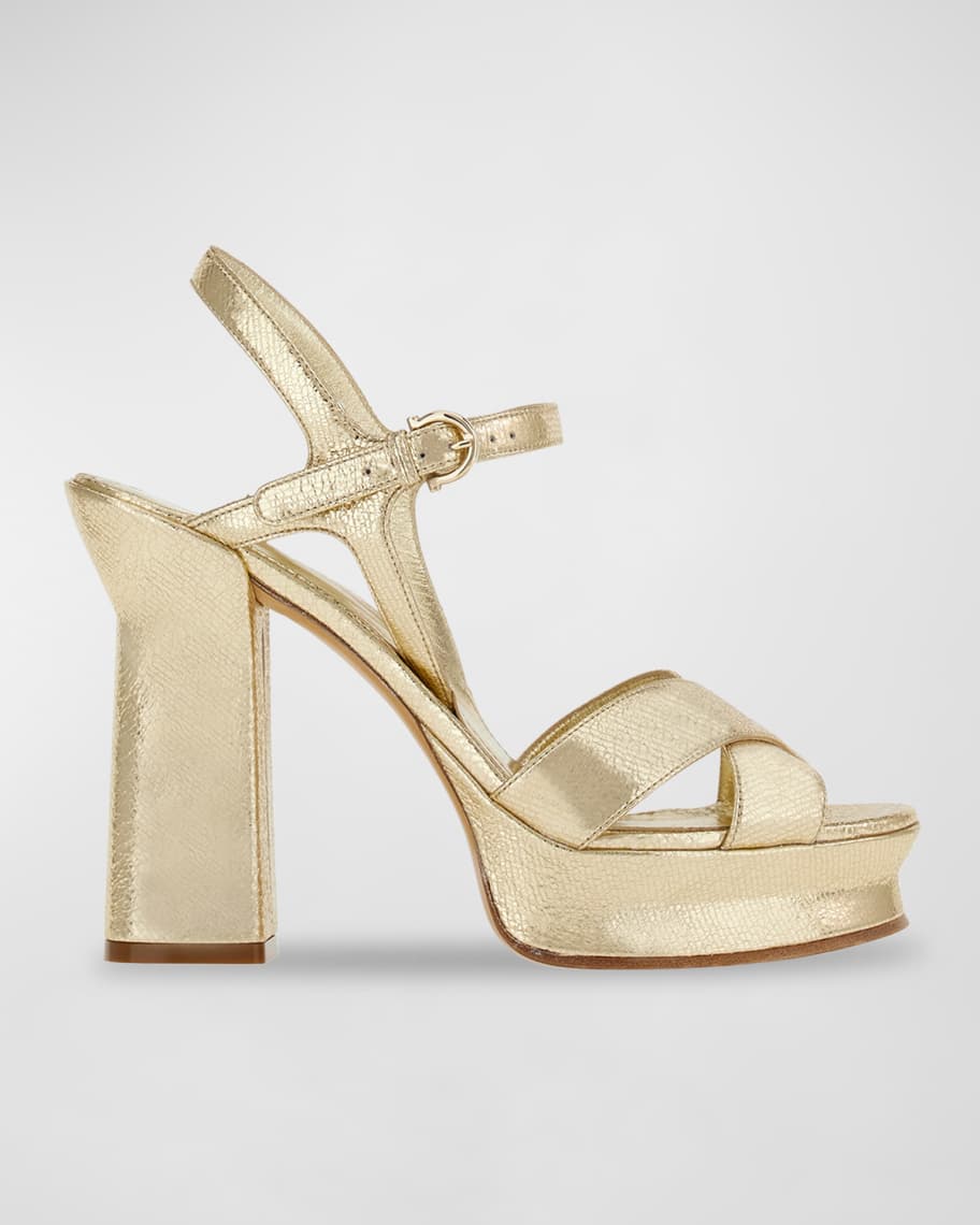 Ferragamo Sonya Metallic Ankle-Strap Platform Sandals | Neiman Marcus