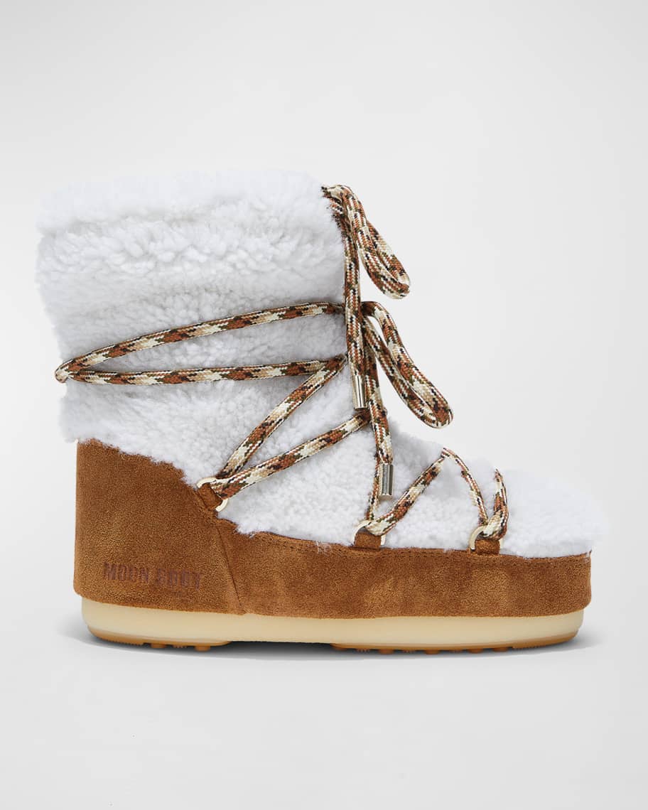 Moon Boot Suede Shearling Lace-Up Short Snow Boots | Neiman Marcus