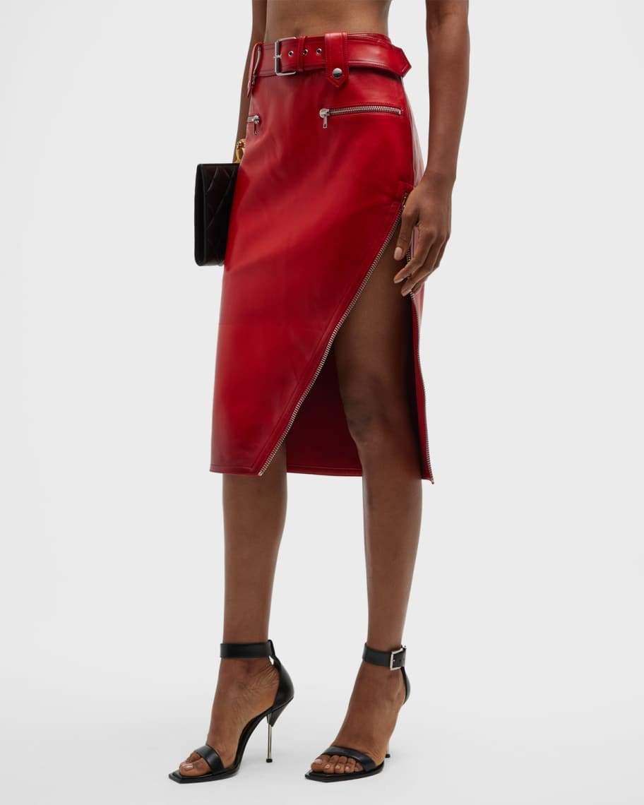 McQueen Zip-Slit Leather Midi Biker Skirt | Neiman Marcus