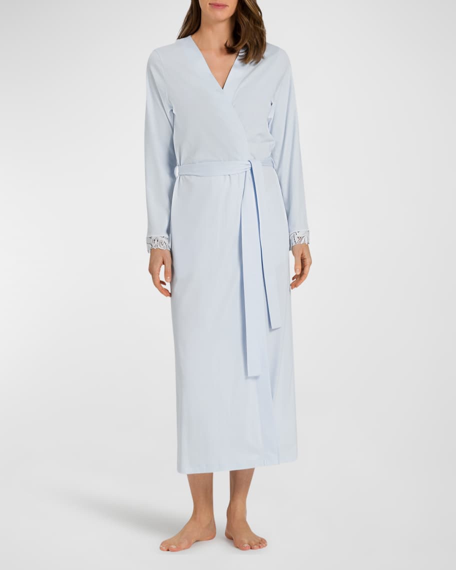 Hanro Zelda Long Lace-Trim Cotton Robe | Neiman Marcus