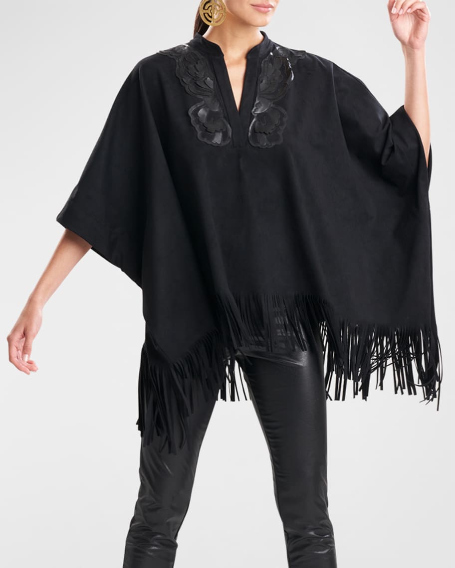 Natori Floral Applique Vegan Suede Poncho | Neiman Marcus