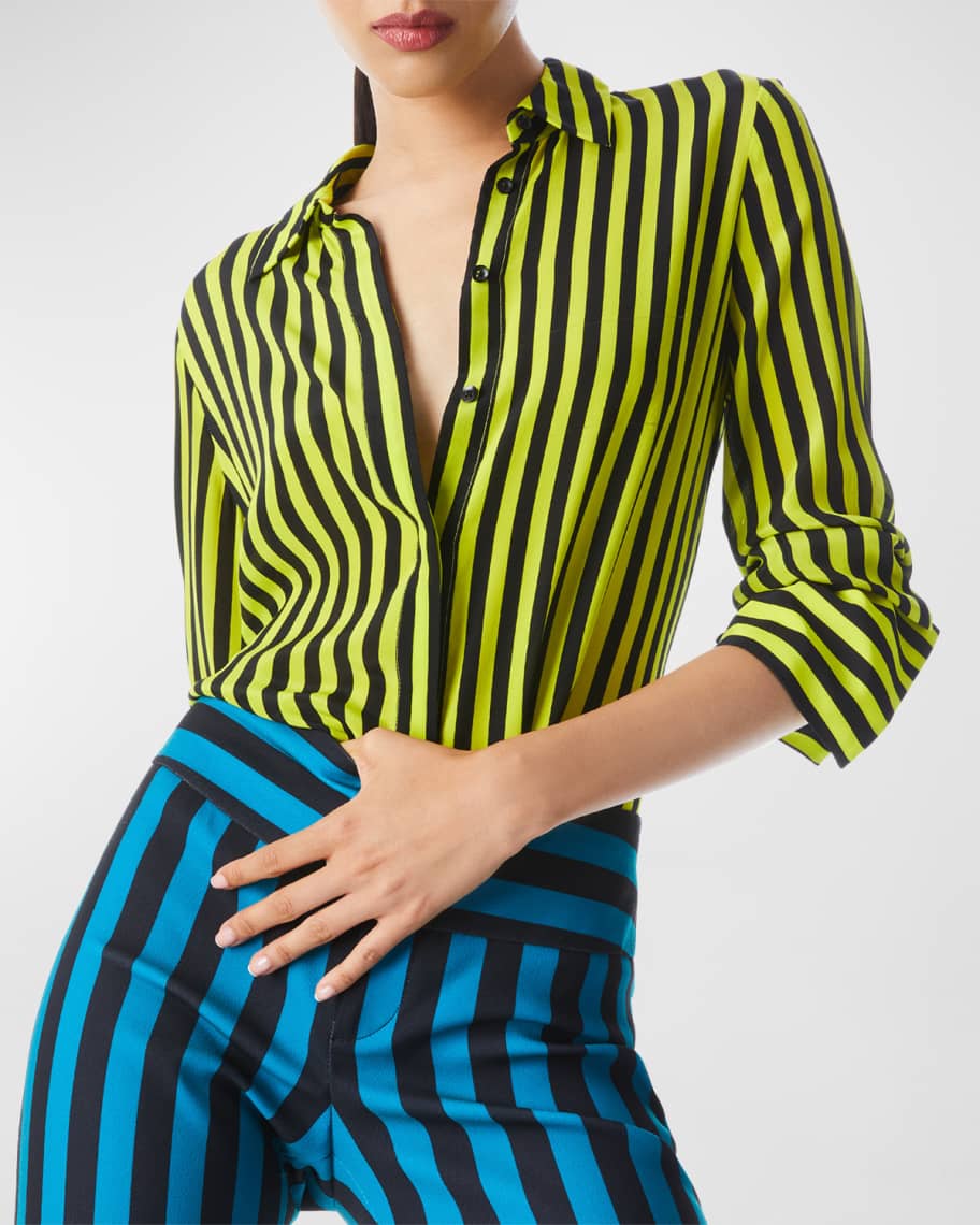 Alice + Olivia Willa Striped French-Cuff Placket Top | Neiman Marcus