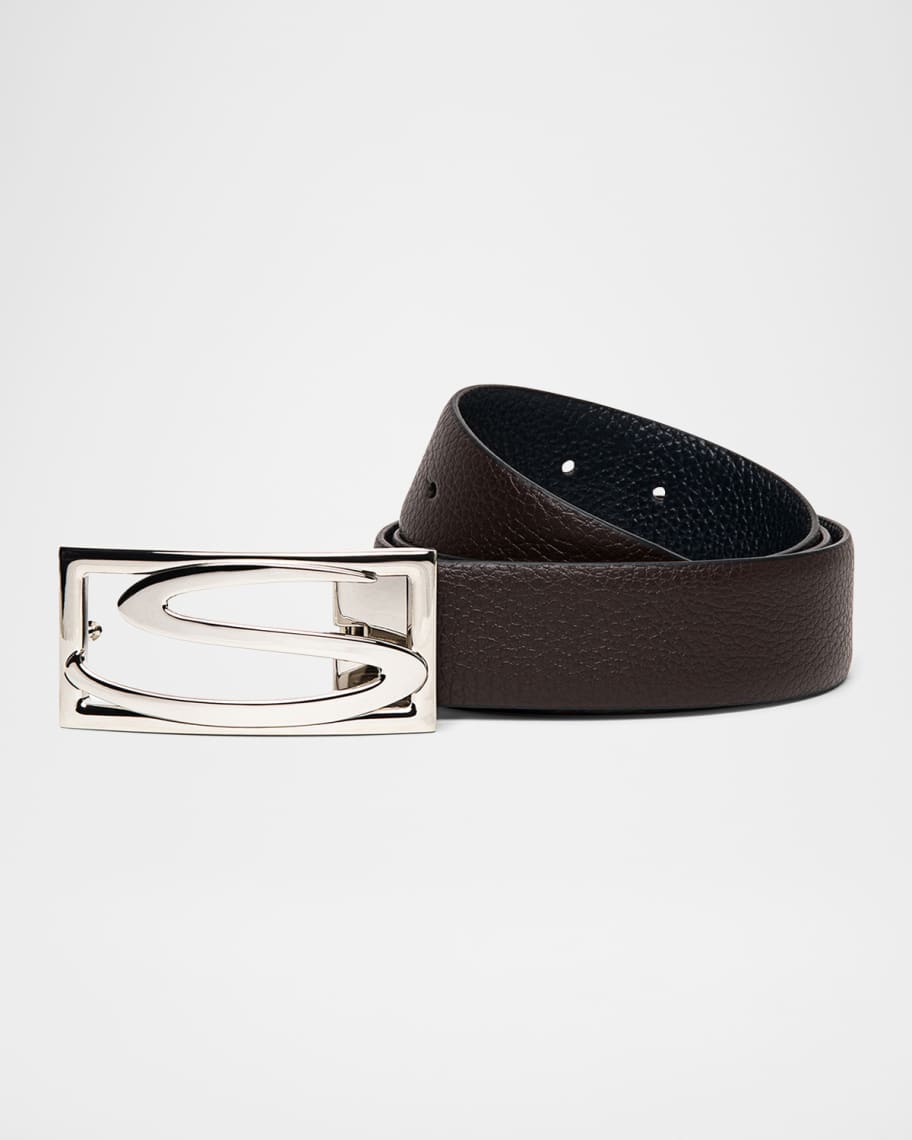 Santoni Men's Rectangle S-Buckle Reversible Leather Belt | Neiman Marcus
