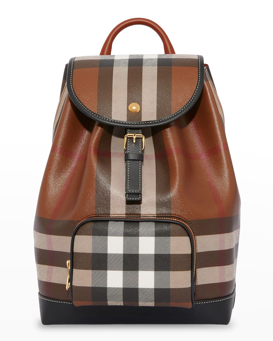 Burberry Check Flap Drawstring Leather Backpack | Neiman Marcus
