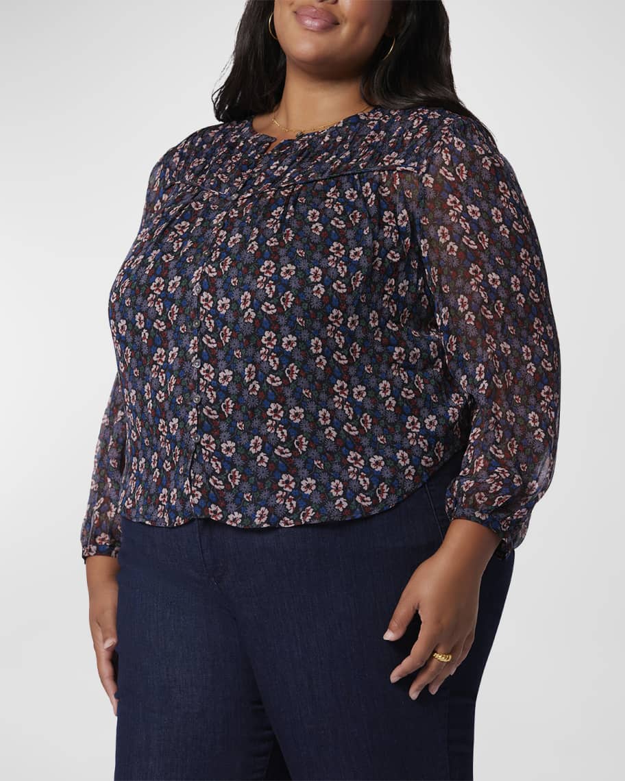 Joie Plus Fanning Sheer Smocked Floral-Print Blouse | Neiman Marcus