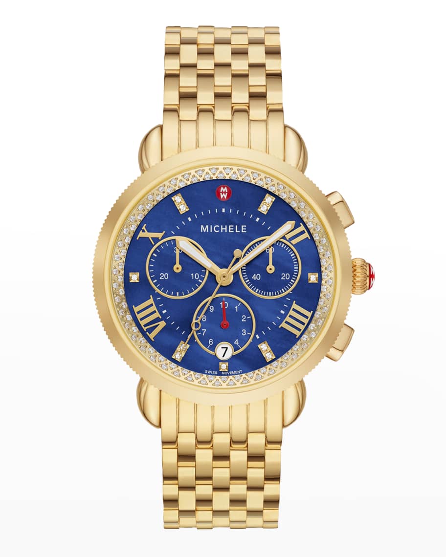 MICHELE Sport Sail Diamond Gold-Tone Watch with Blue Mother-of-Pearl ...