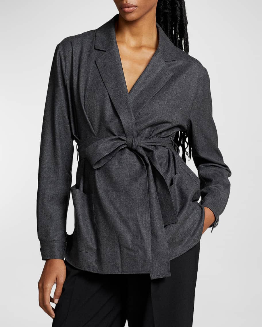 Polo Ralph Lauren Belted Stretch-Wool Flannel Wrap Top | Neiman Marcus